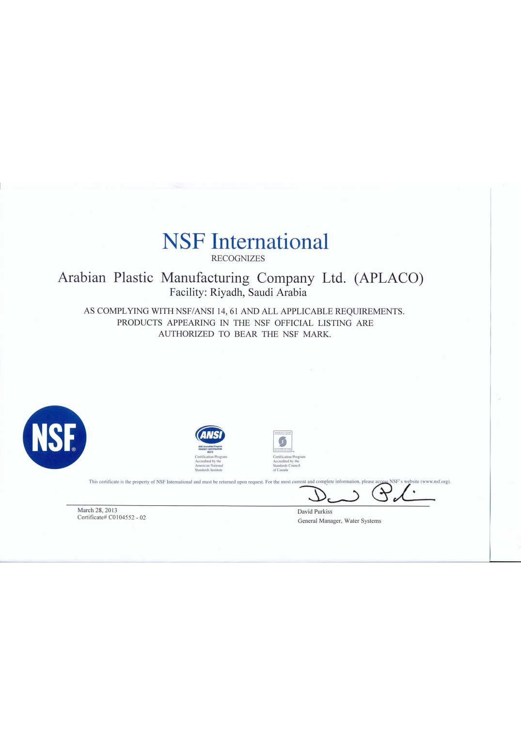 CERTIFICATES - Aplaco